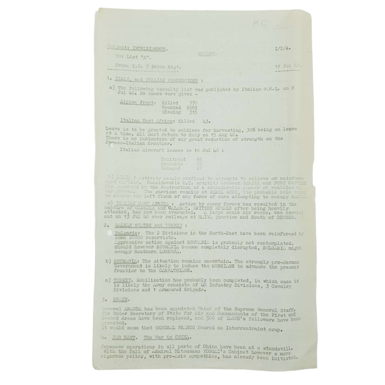 7th Bn. Devonshire Regt – Intelligence Report SECRET – 19 July 1940 ...